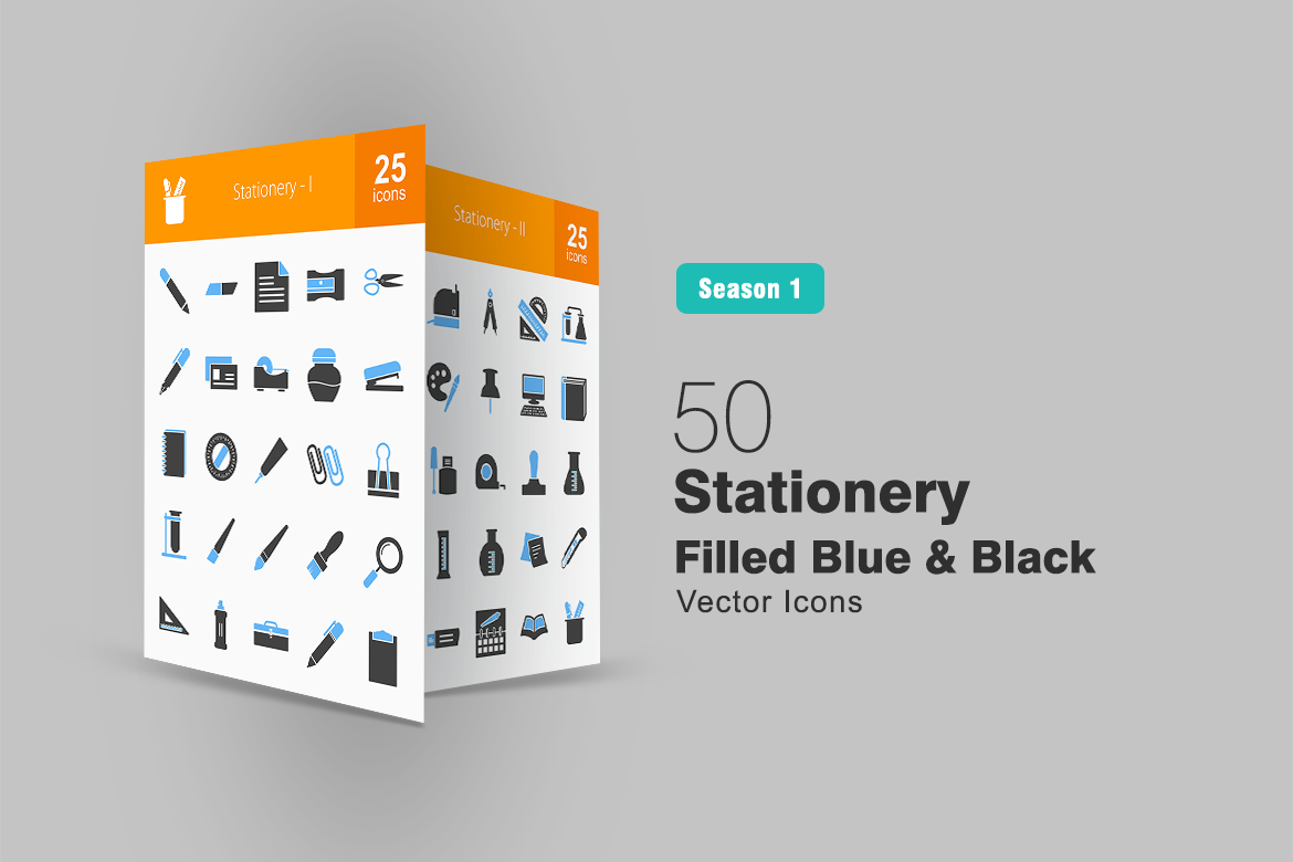 50 Stationery Filled Blue & Black Icon Set - TemplateMonster