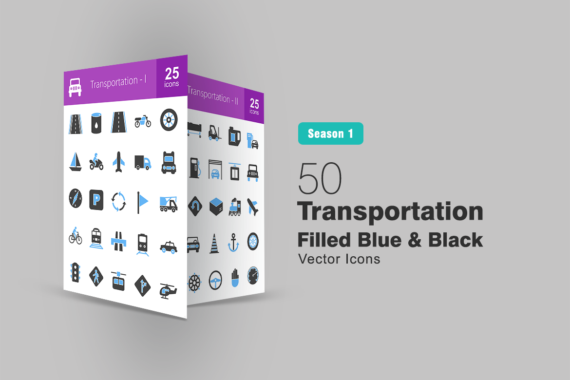 50 Transportation Filled Blue & Black Icon Set