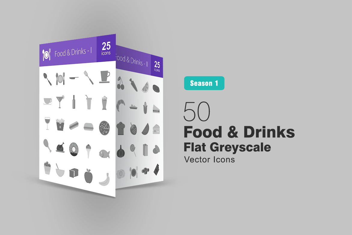 50 Food & Drinks Flat Greyscale Icon Set - TemplateMonster