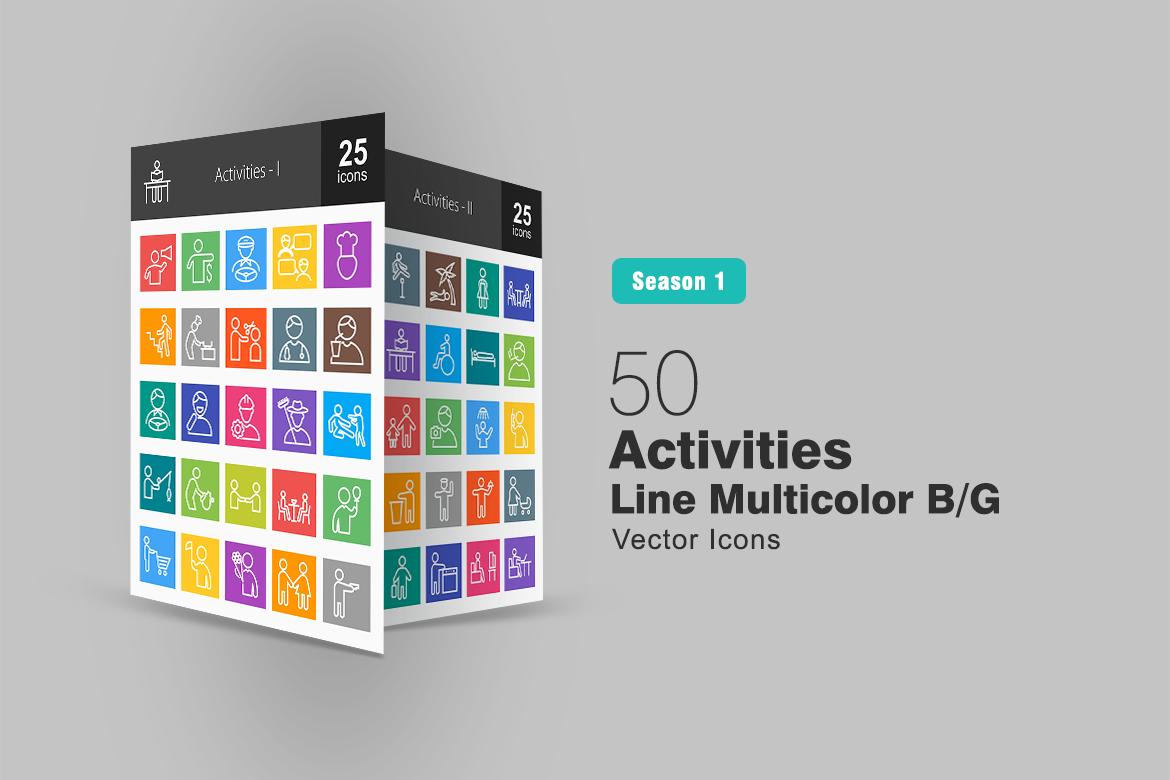 50 Activities Line Multicolor B/G Icon Set - TemplateMonster