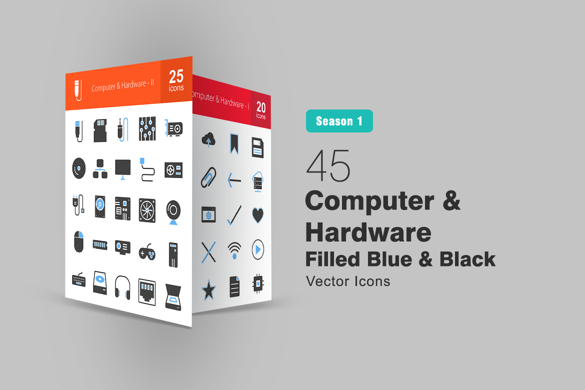 45 Computer & Hardware Filled Blue & Black Icon Set