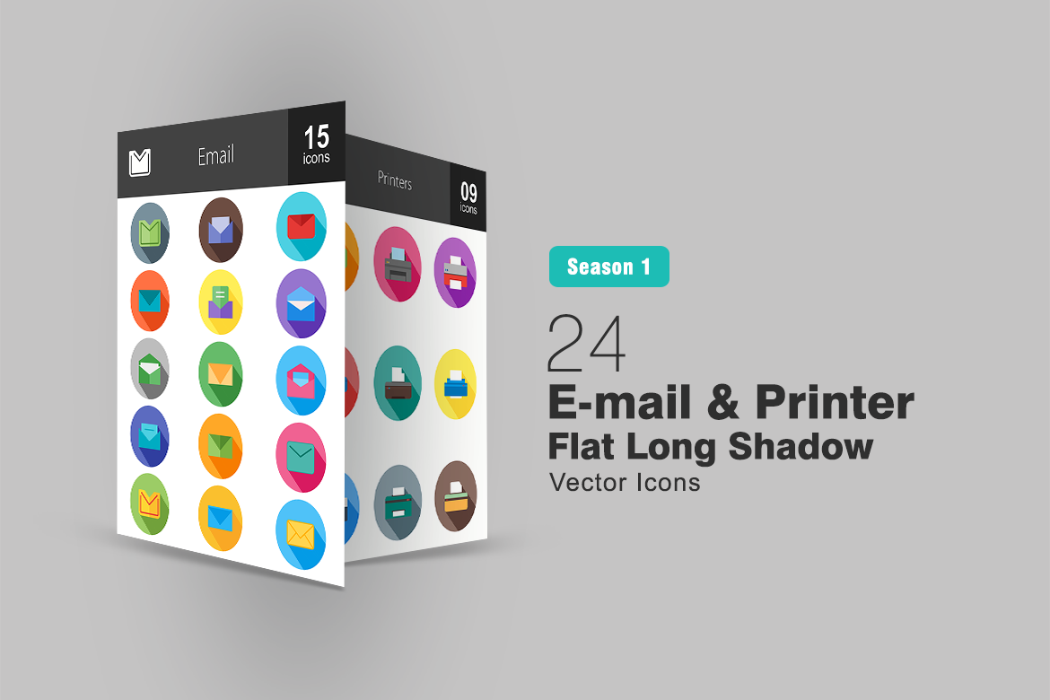 26 Email & Printer Flat Long Shadow Icon Set