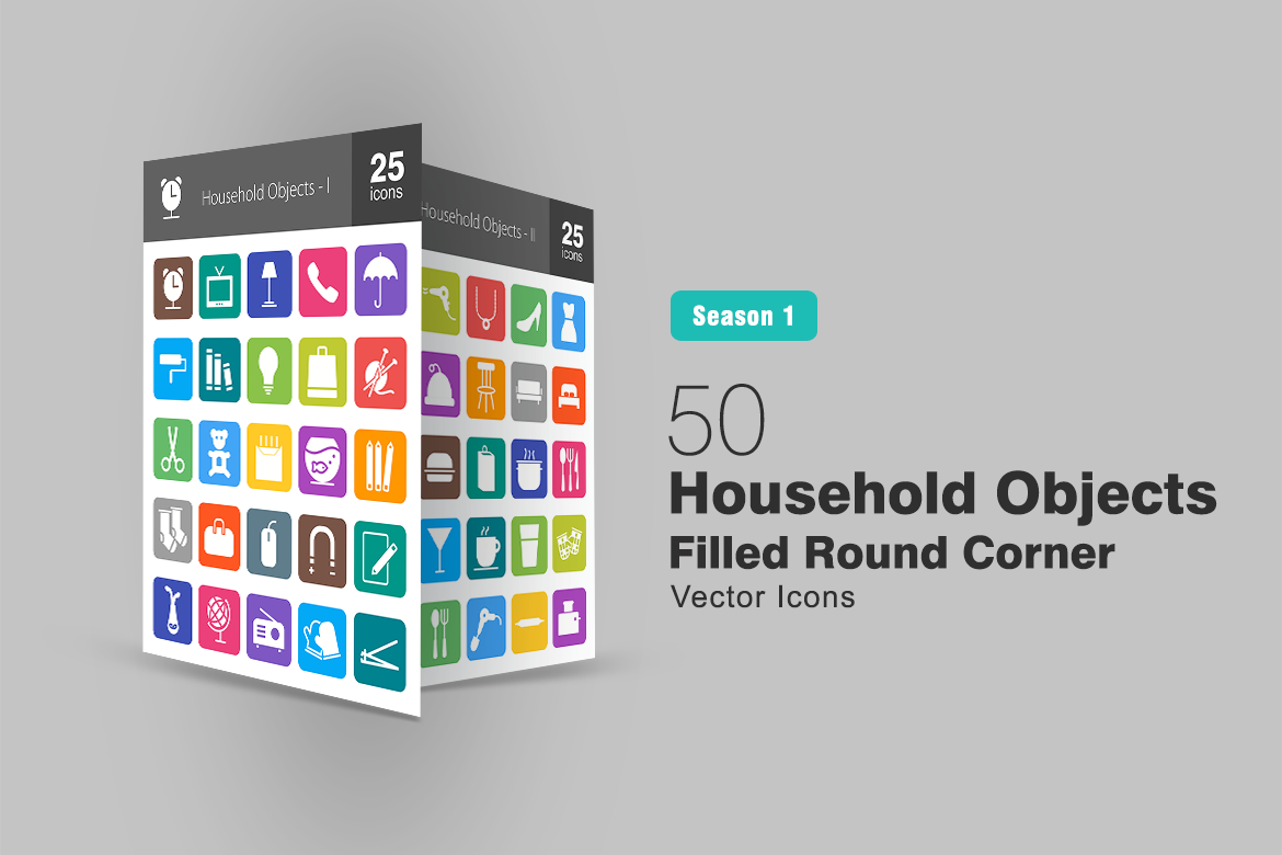 50 Household Objects Filled Round Corner Icon Set