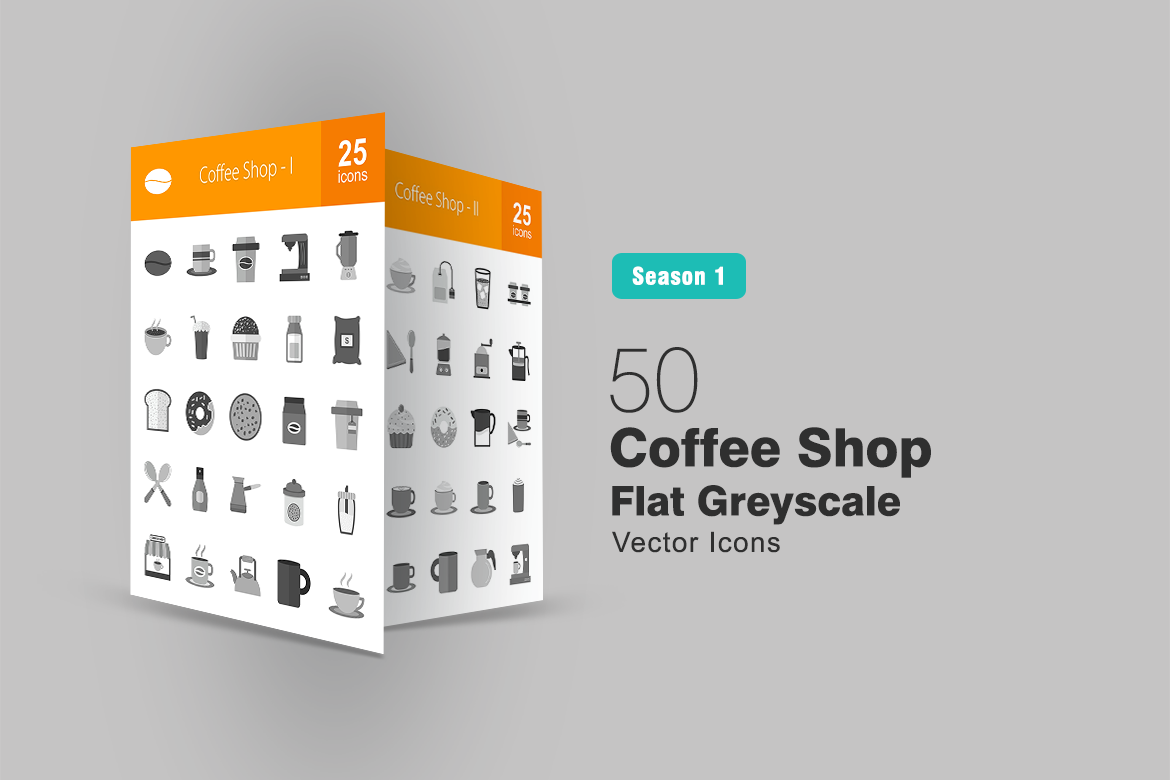 50 Coffee Shop Flat Greyscale Icon Set - TemplateMonster