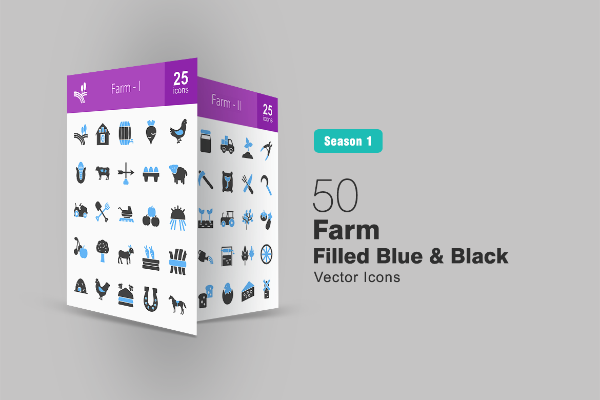 50 Farm Filled Blue & Black Icon Set - TemplateMonster