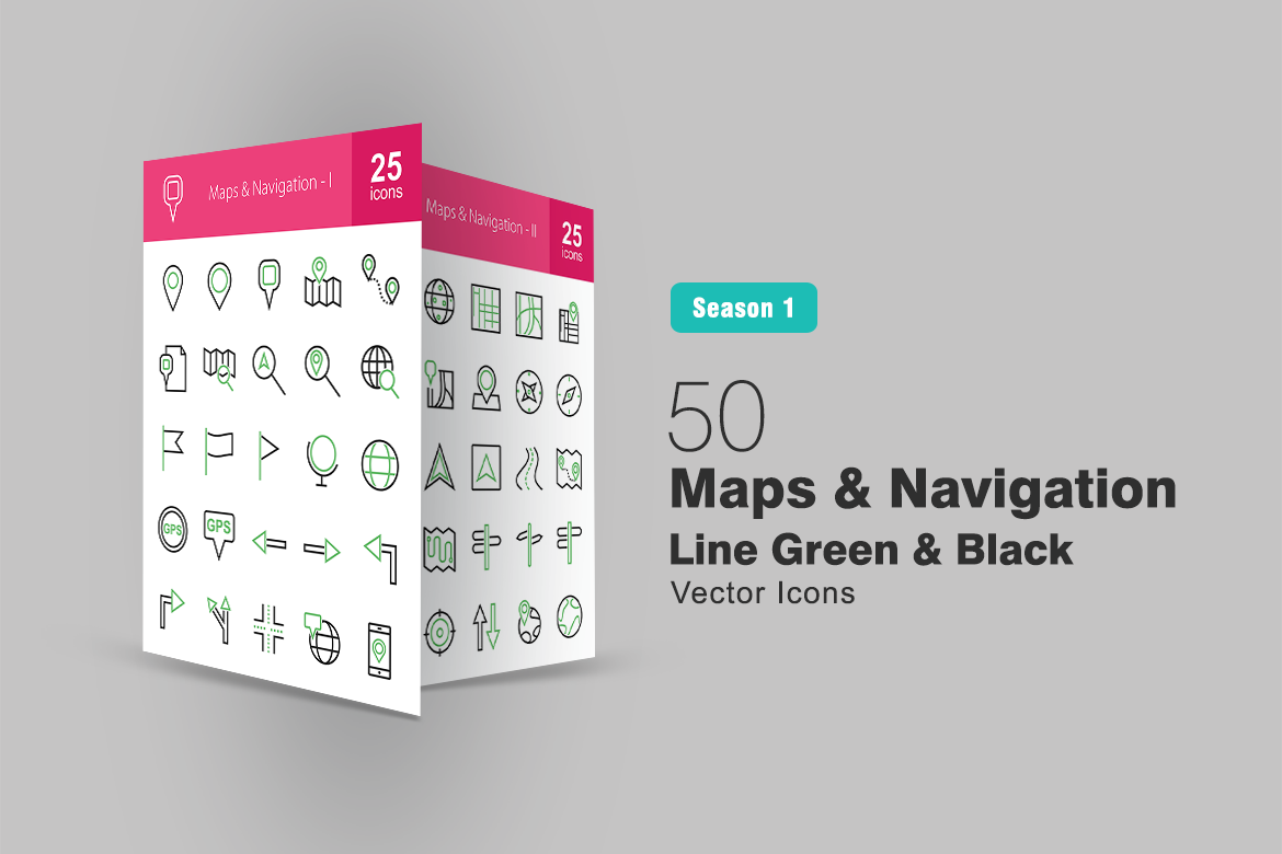 50 Maps & Navigation Line Green & Black Icon Set