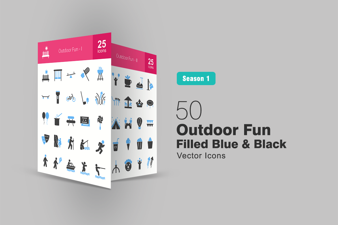 50 Outdoor Fun Filled Blue & Black Icon Set - TemplateMonster