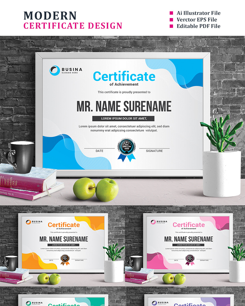 Wave Style Design Certificate Template - TemplateMonster
