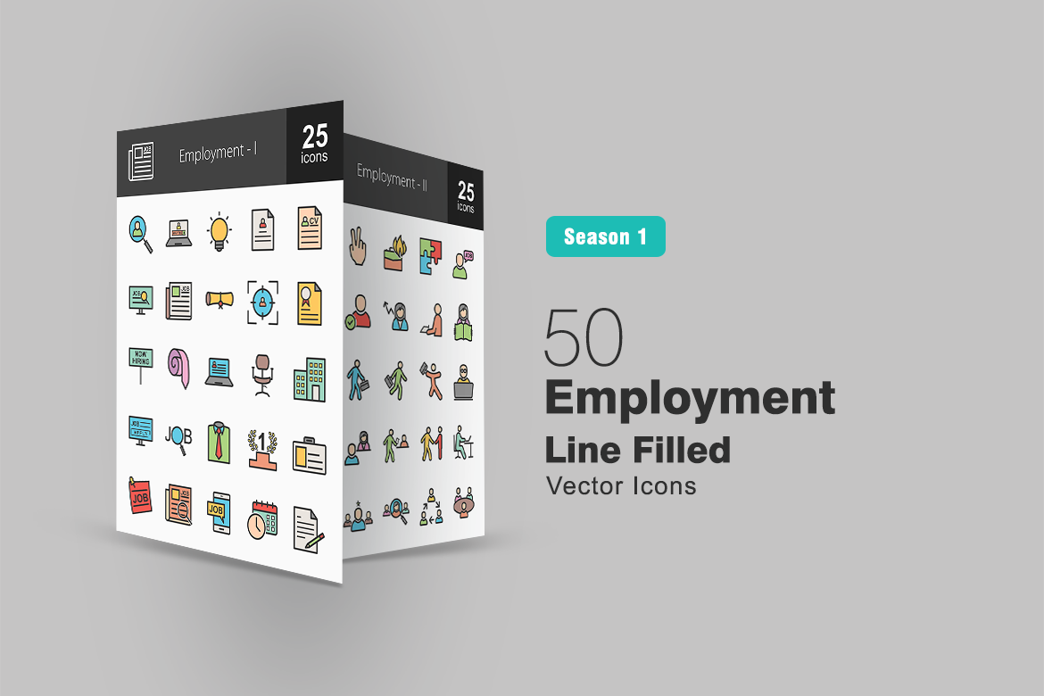50 Employment Filled Line Icon Set #94486 - TemplateMonster