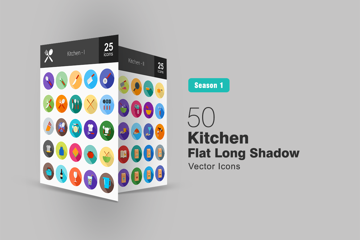 50 Kitchen Flat Long Shadow Icon Set - TemplateMonster