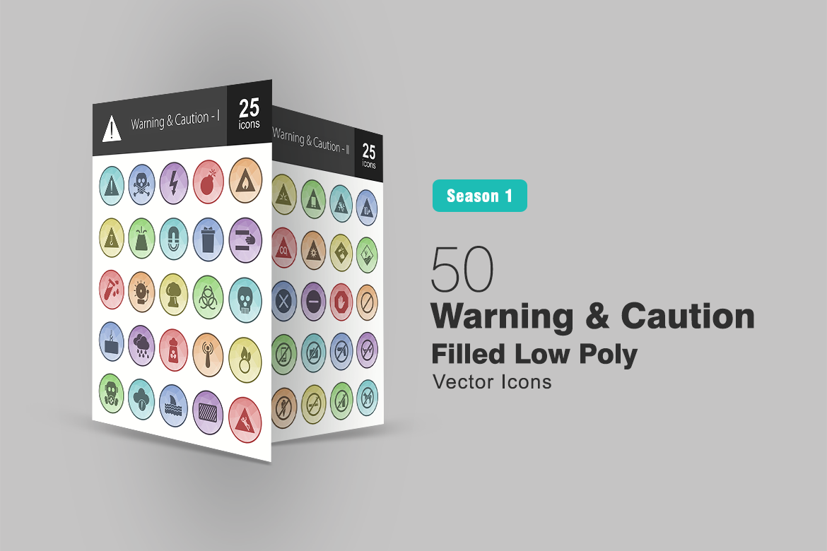 50 Warning & Caution Filled Low Poly Icon Set