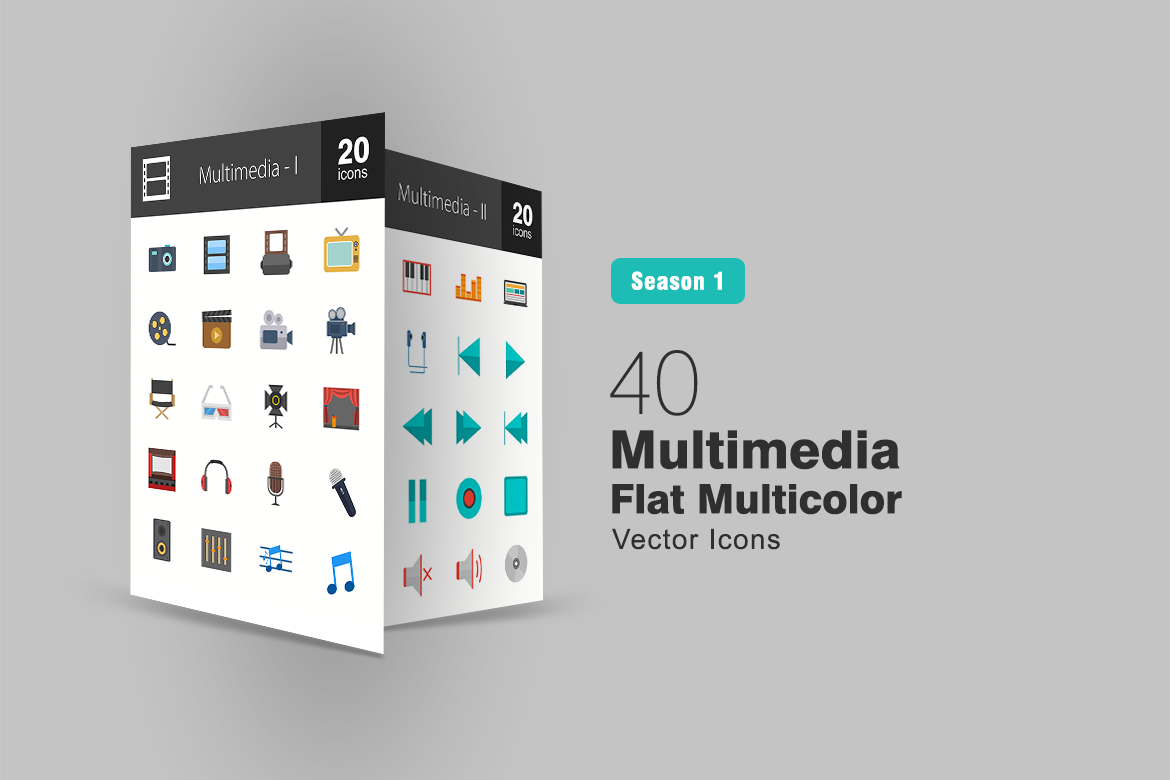 40 Multimedia Flat Multicolor Icon Set - TemplateMonster
