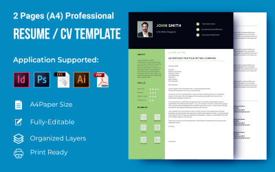 2 A4 Pages UI / UX, Graphic Designer CV Resume Template