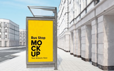 Road Side Blurred Glass Bus Stop With Signage Mockup Template