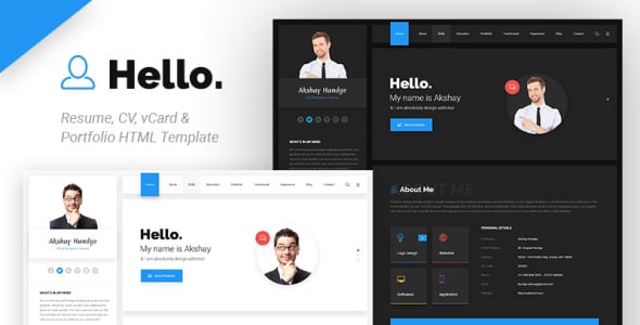 Cv, vcard & portfolio html шаблон сайта - Hello Resume - HTML5 шаблон
