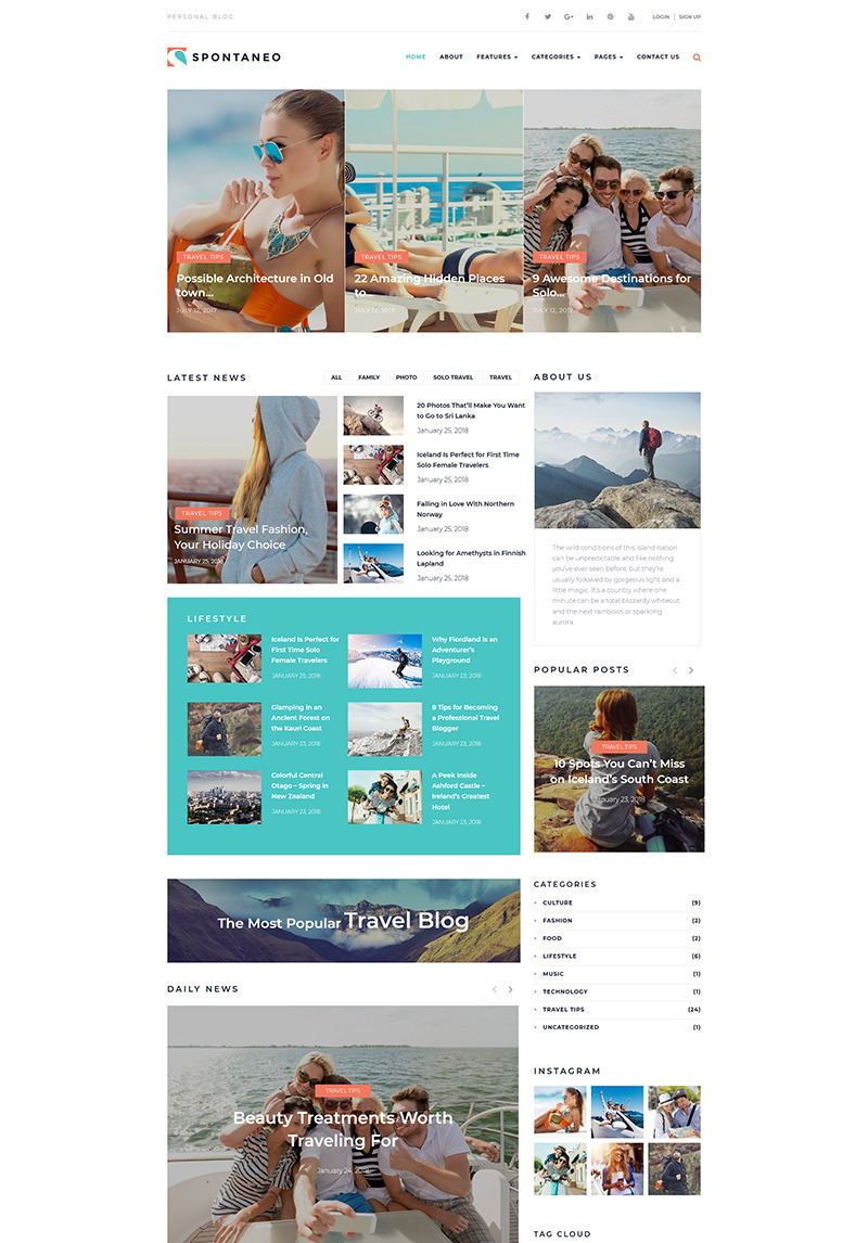 Spontaneo - Personal Travel Blog WordPress Theme #67744