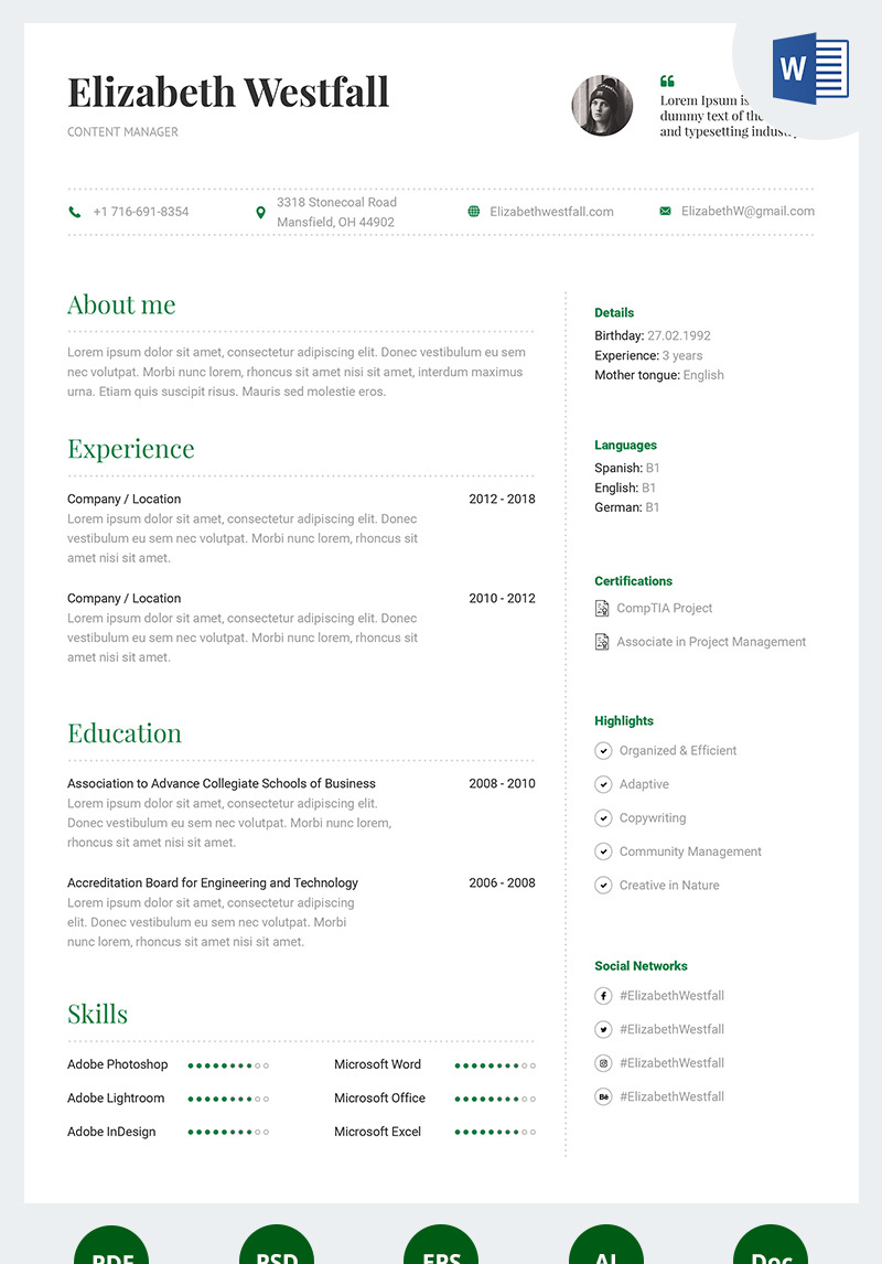 Elizabeth Westfall - Content Manager Resume Template #67880