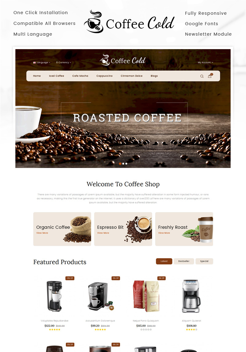 Cold Coffee Shop OpenCart Template #69527