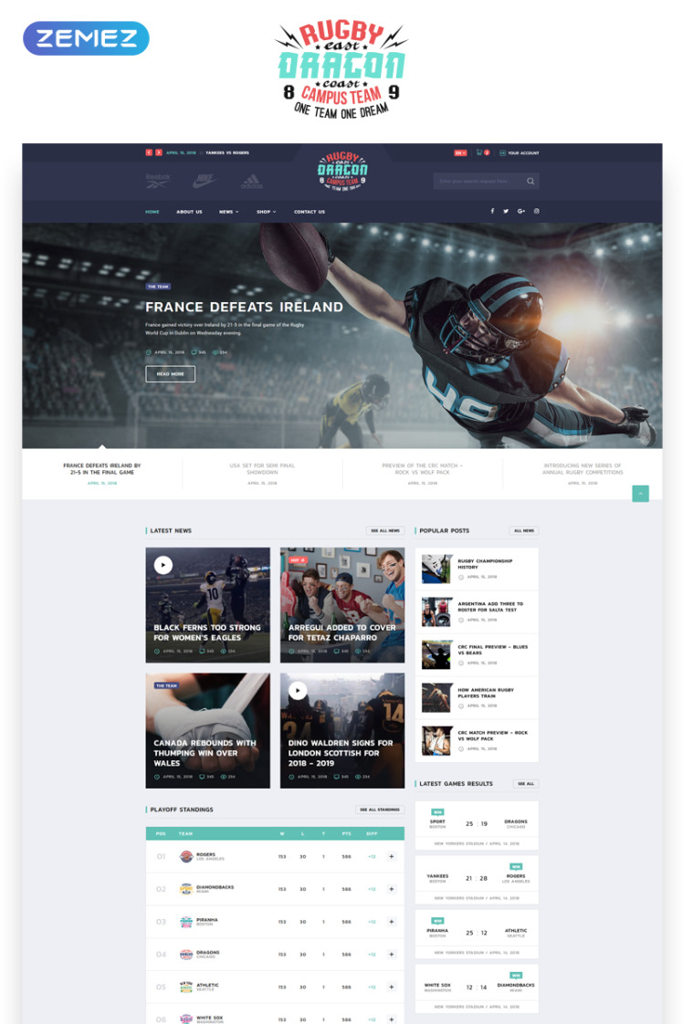Reebok - Rugby Multipage HTML5 Website Template #70713