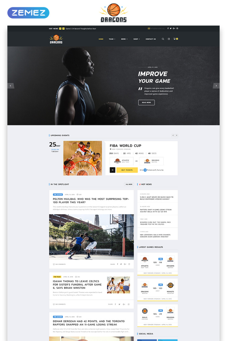 Dragons - Basketball Team Multipage HTML5 Website Template #71958