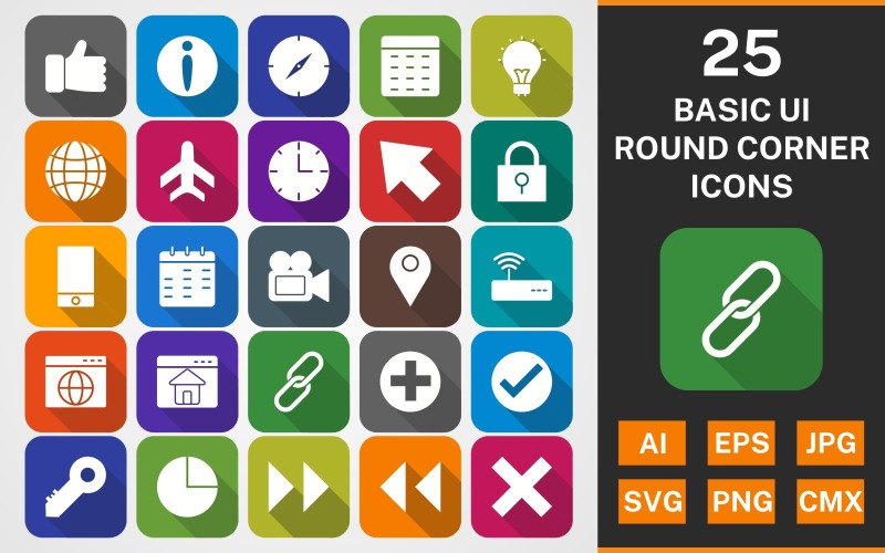 25 BASIC UI Round Corner Shadowed PACK Icon Set