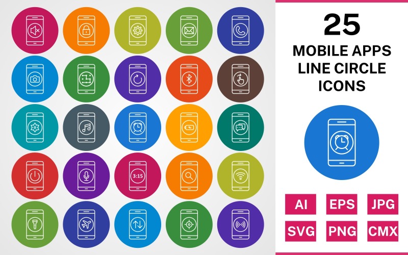 25 MOBILE APPS LINE CIRCLE PACK Icon Set - TemplateMonster