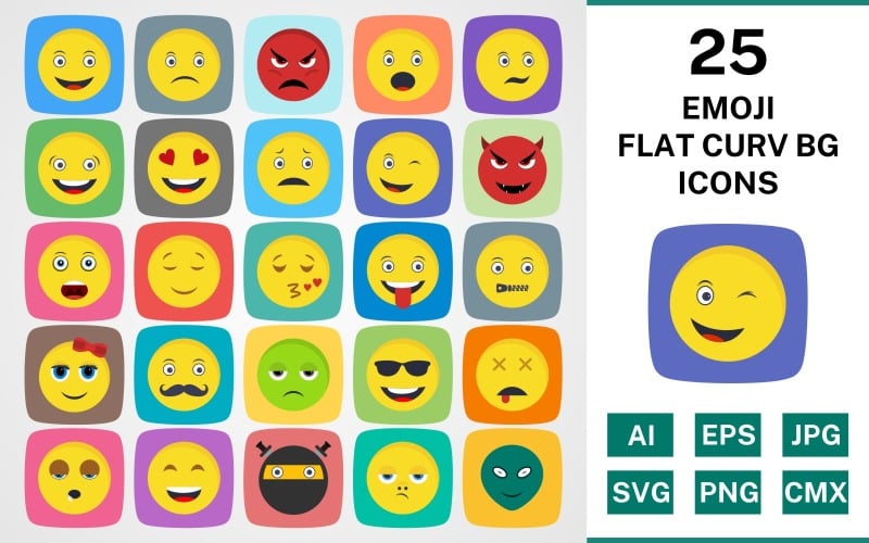 25 EMOJI FLAT CURV BG PACK Icon Set #116793 - TemplateMonster