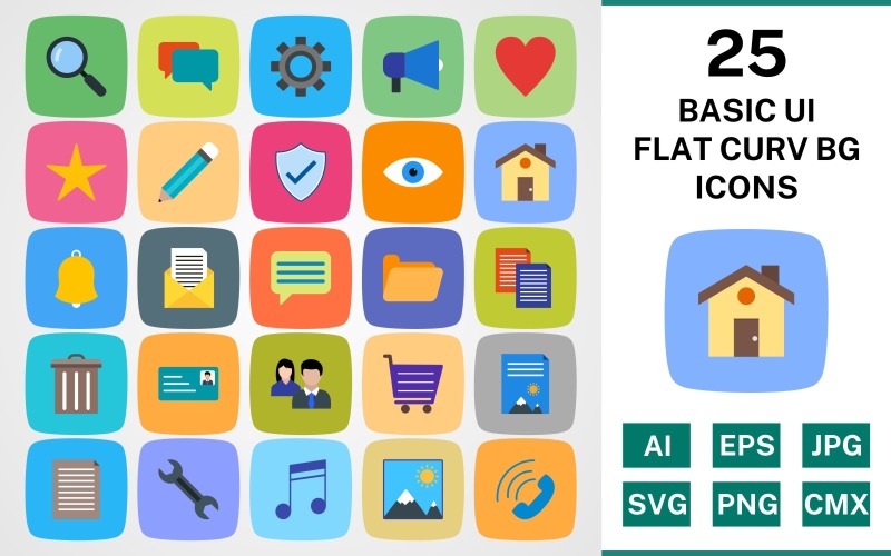 25 BASIC UI FLAT CURV BG PACK Icon Set - TemplateMonster