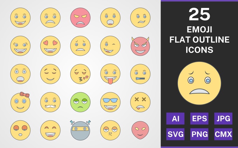 25 EMOJI FLAT OUTLINE PACK Icon Set #116896 - TemplateMonster