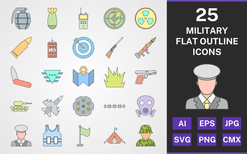 25 MILITARY FLAT OUTLINE PACK Icon Set - TemplateMonster