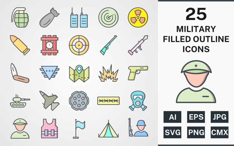 25 MILITARY FILLED OUTLINE PACK Icon Set - TemplateMonster