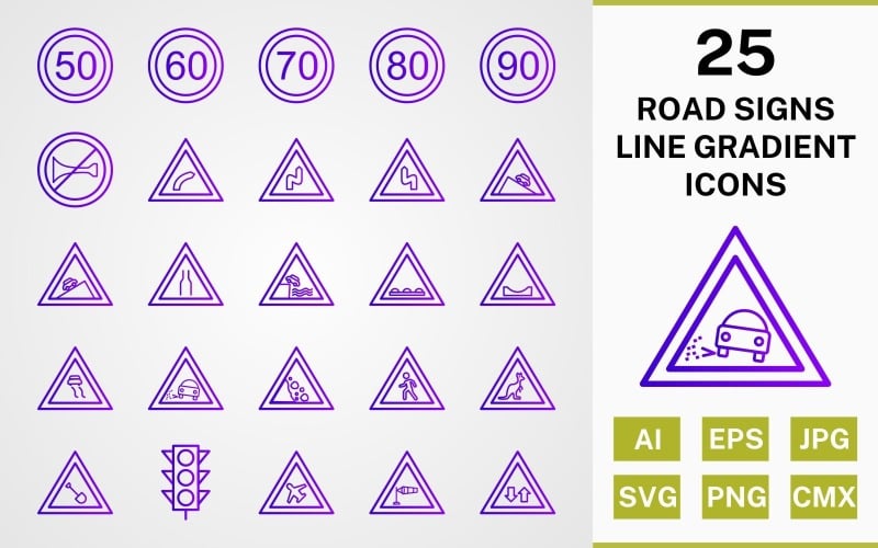 25 ROAD SIGNS LINE GRADIENT PACK Icon Set - TemplateMonster