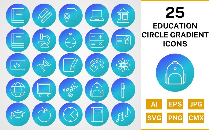 25 Education Circle Gradient Pack Icon Set - TemplateMonster