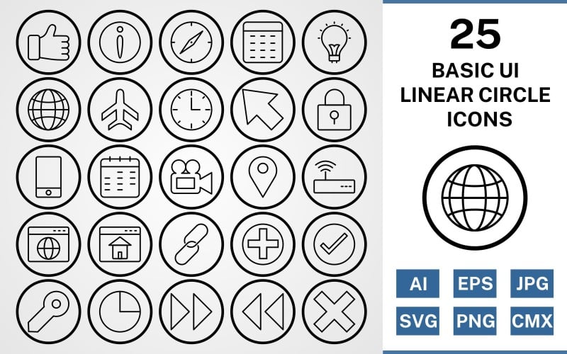 25 Basic ui Linear Circle Icon Set #119432 - TemplateMonster