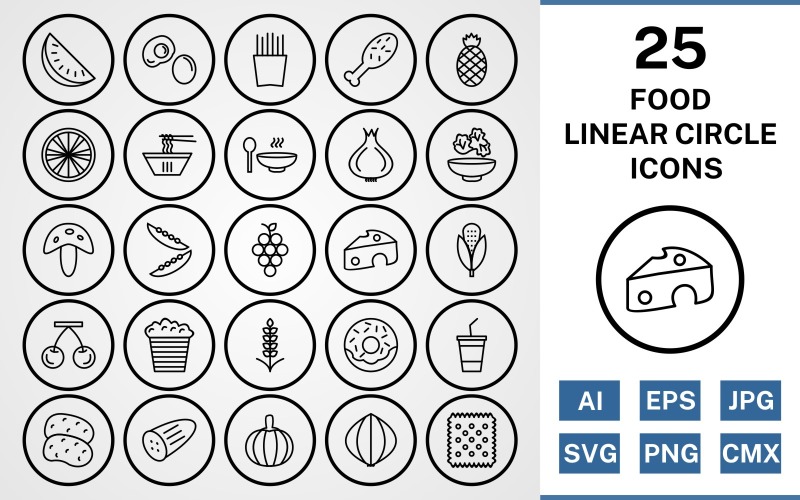 25 Food Linear Circle Icon Set #119429 - TemplateMonster