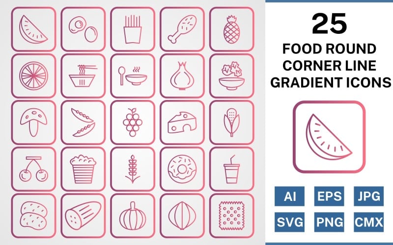 25 Food Round Corner Line Gradient Icon Set - TemplateMonster
