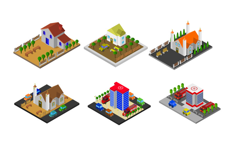 Isometric Buildings Set - Vector Image - TemplateMonster