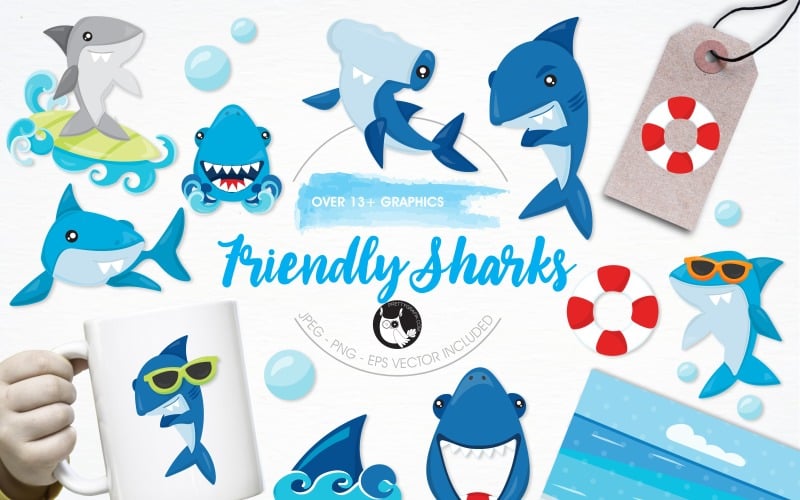 Friendly sharks illustration pack - Vector Image