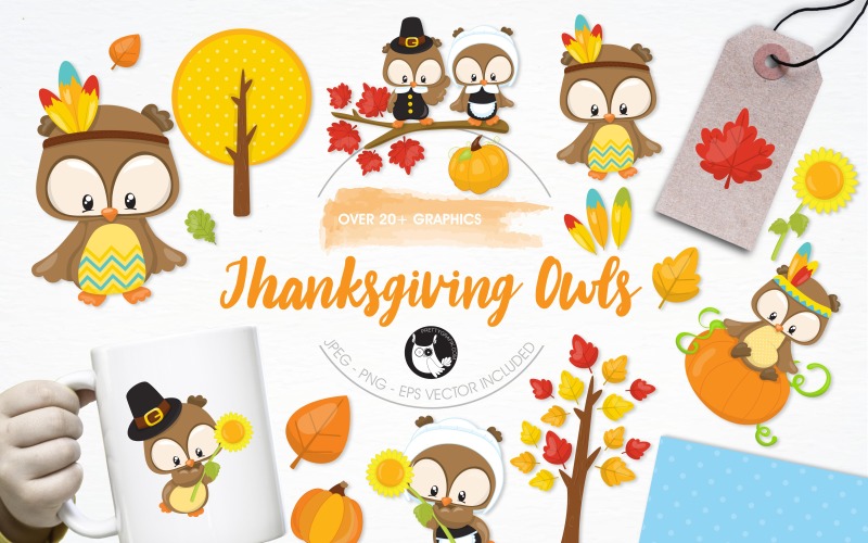 Thanksgiving owl illustration pack - Vector Image