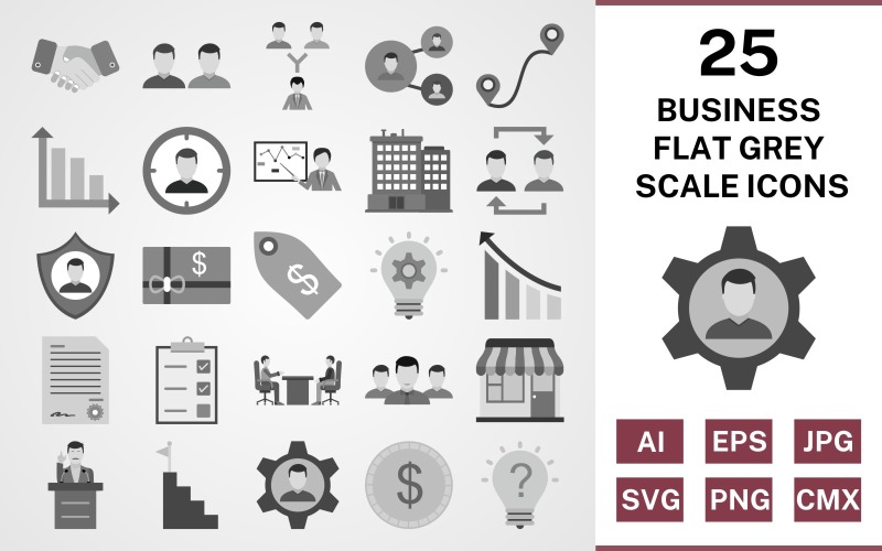 25 Business Flat Greyscale Icon Set #121781 - TemplateMonster