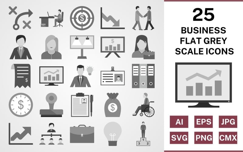 25 Business Flat Greyscale Icon Set #121799 - TemplateMonster