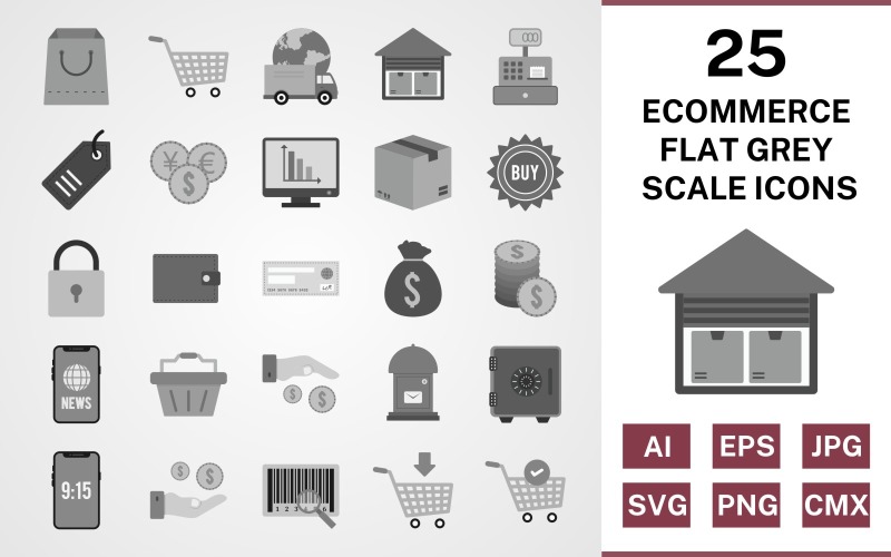 25 Ecommerce Flat Greyscale Icon Set - TemplateMonster