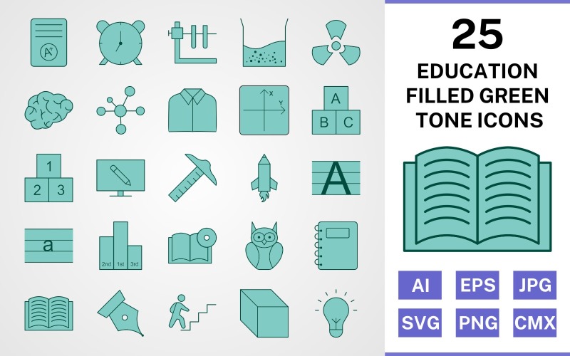 25 Education Filled Green Tone Icon Set - TemplateMonster