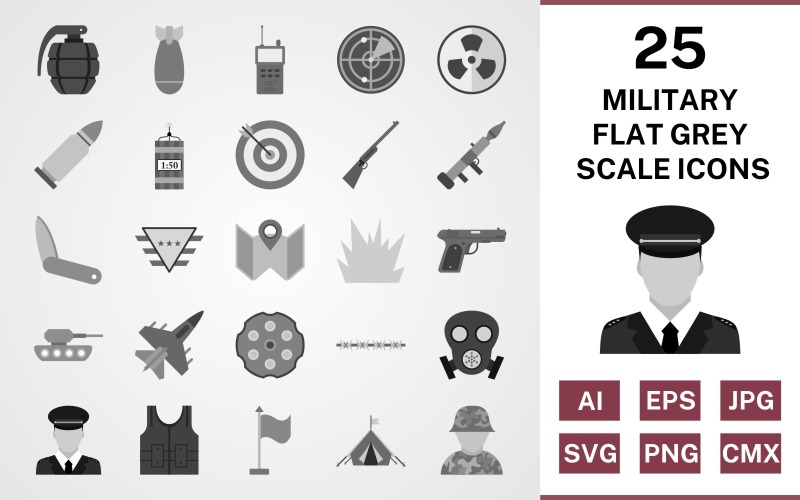 25 Military Flat Greyscale Icon Set #121794 - TemplateMonster