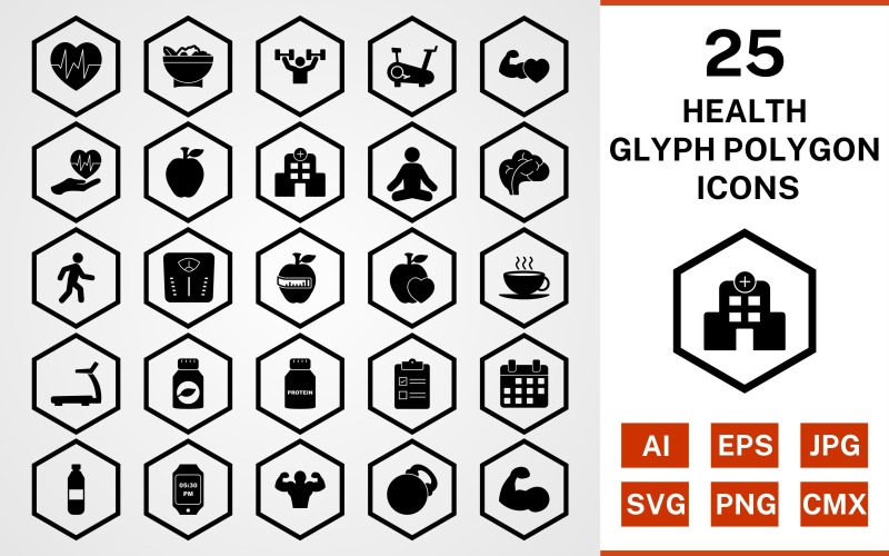 25 Health Glyph Polygon Icon Set #123297 - TemplateMonster