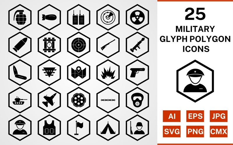 25 Military Glyph Polygon Icon Set #123296 - TemplateMonster