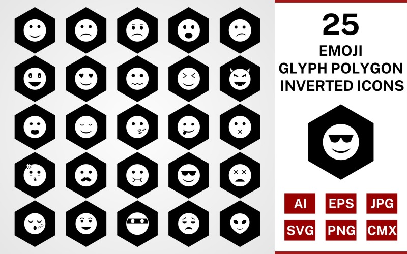 25 Emoji Glyph Polygon Inverted Icon Set - TemplateMonster