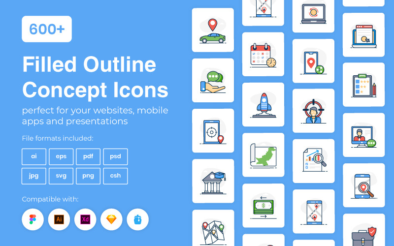 600+ Filled Outline Concept Icon Set - TemplateMonster