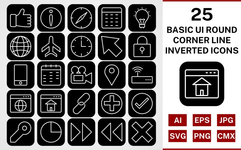 25 Basic ui Round Corner Line Inverted Icon Set