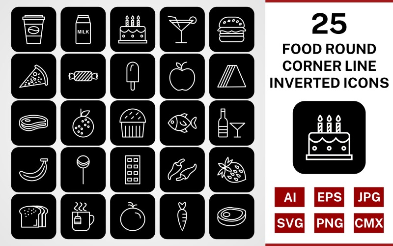 25 Food Round Corner Line Inverted Icon Set - TemplateMonster